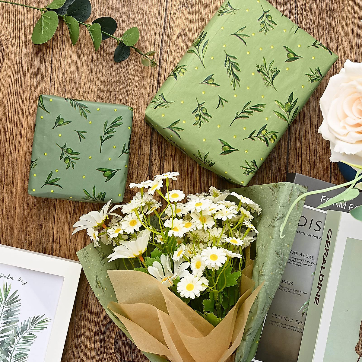 Bolsome 50 Sheets 20x14in Olive Leaf Tissue Paper, Green Wrap Tissue, Greenery Bontanical Tissue Paper for Boho Vibe Gift Bags Boho Plant Tissue for Baby Shower Birthday Wedding Party DIY Craft