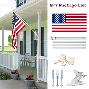 LAKEROD Flag Pole Kit with 3x5 American Flag Outdoor - 5ft Tangle Free Metal Flagpole with Holder Bracket & Embroidered US Flags - Heavy Duty for Outside House Porch Garage Boat Truck Jeep - White
