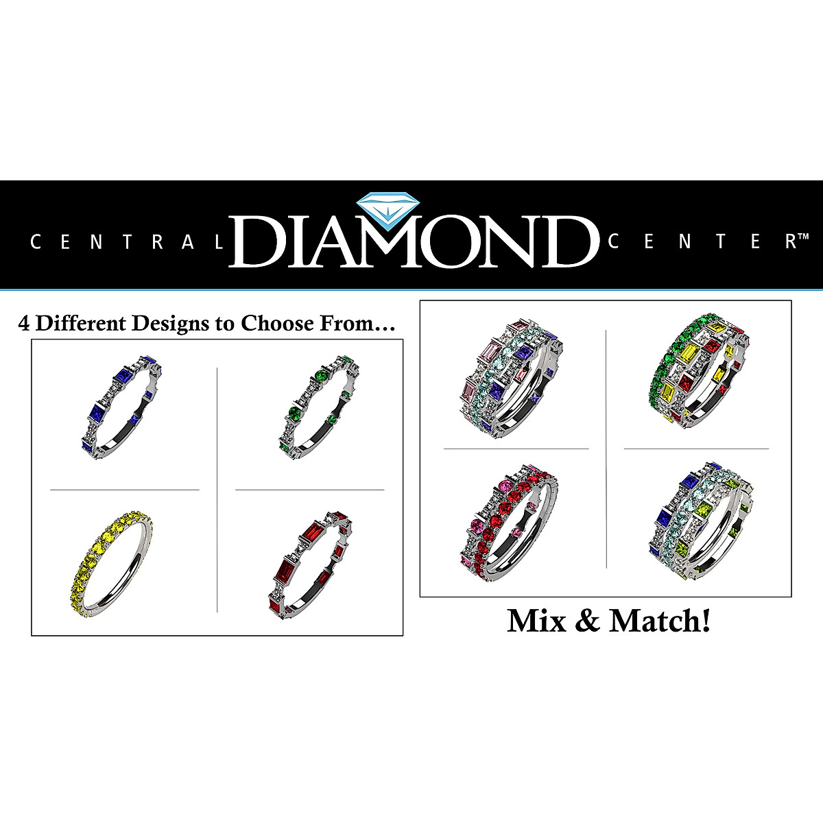 Central Diamond Center Stackable Ring Baguette Cut Platinum Plated Silver - Size 6 - Simulated Sapphire - Sept. Birthstone