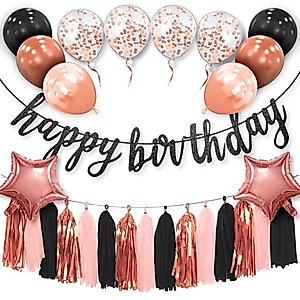 Black Rose Gold Birthday Party Decorations - Glittery Black Happy Birthday Banner(Pre-Strung), Tissue Paper Tassels Garland and Foil Confetti Balloons for Women Girls(Black Rose Gold).