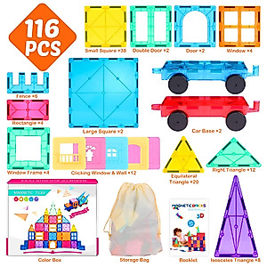 HIPCLUB 116PCS Magnetic Tiles Blocks Magnets for Kids Toys Gifts, 3D Clear Building Block Toys Learning Resource Preschool Educational STEM Toys for 3 4 5 6 7 8 Year Old Boys Girls Kids Toddlers Gifts