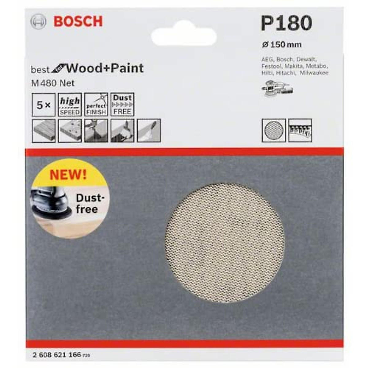 Bosch Professional 2608621166 G180, Set of 5 Sanding Sheets M480 Best (Wood and Paint, Ø 150 mm, Grit P180, Accessories for Random Orbit Sander), Beige, x 5, Pieces