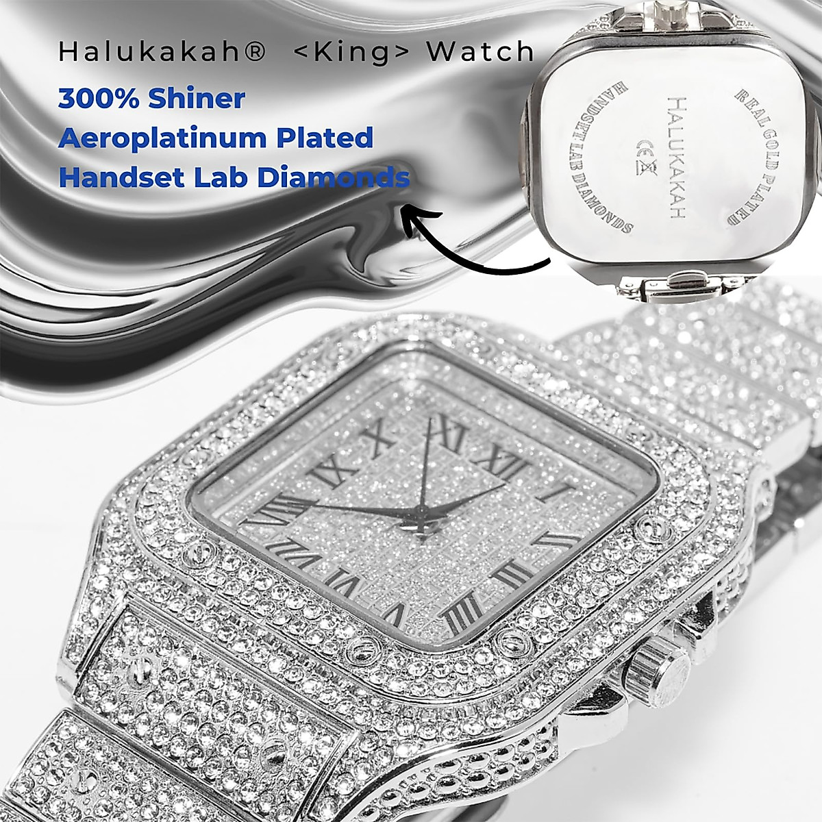 Halukakah Men's Watch - The King - Platinum Plated, 40MM Square Dial, Iced Out Wristband, Comes in Giftbox,Gift for Men Son Husband