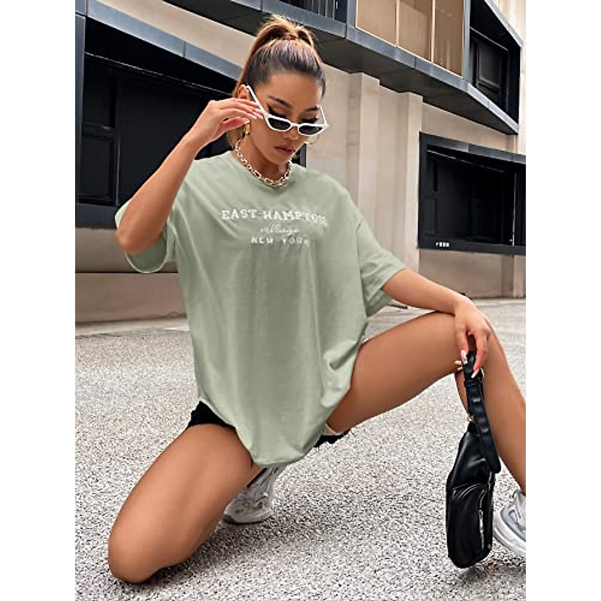 Cozyease Women's Letter Print Oversized Short Sleeve Round Neck Casual T Shirt Top Mint Green M