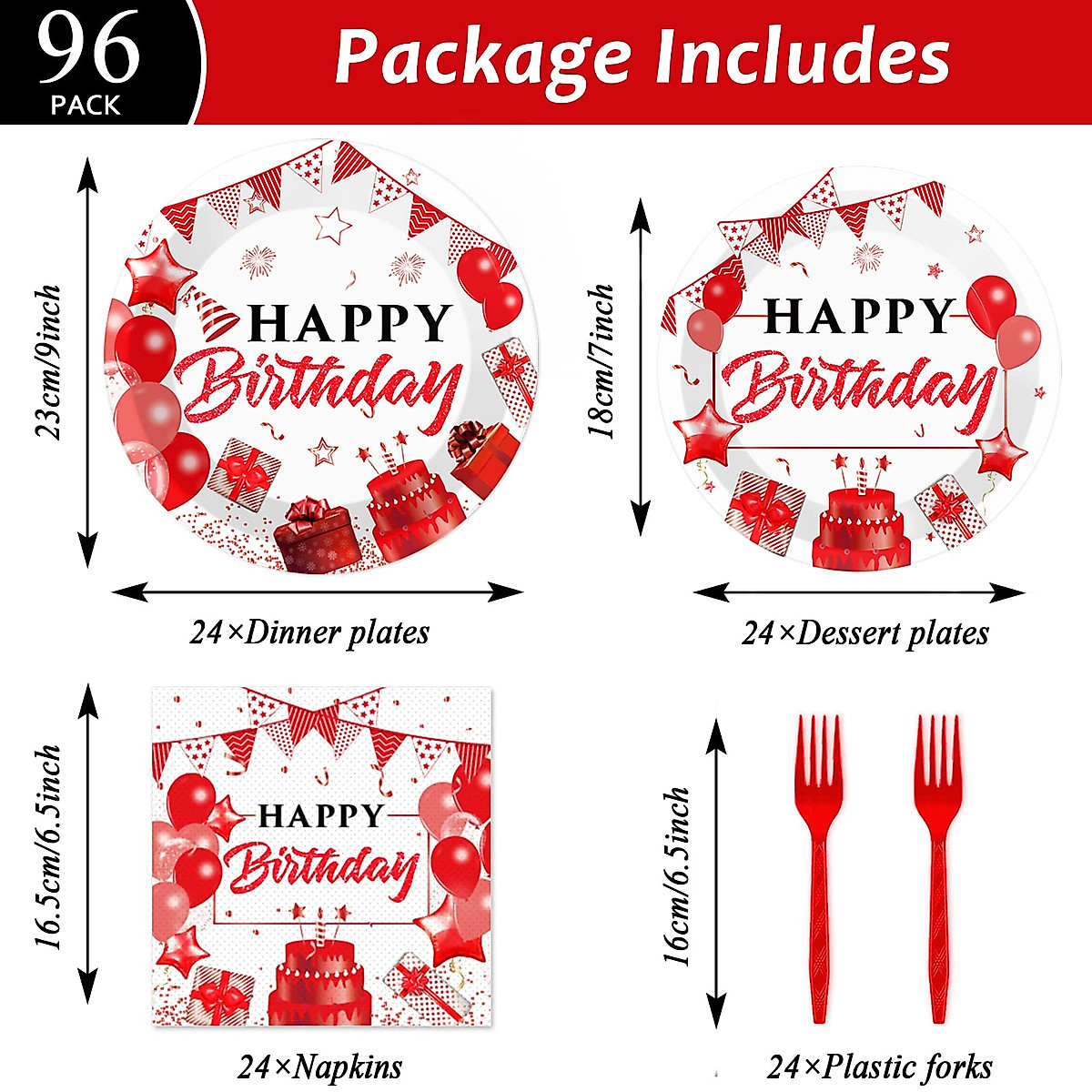 Red White and Gold Birthday Plates Napkins Forks Party Tableware Set Confetti Sprinkles Happy Birthday Party Decorations Red Table Decors for Men Women for 24 Guests