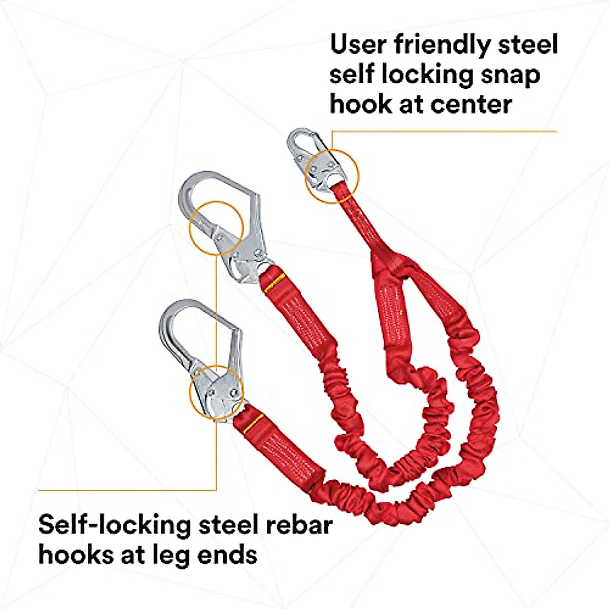 3M Protecta PRO 1340161 6', 100-Percent Elastic Shock Absorbing Lanyard, Snap Hook At Center, Steel Rebar Hooks On Leg Ends, 310 lb. Capacity, Red