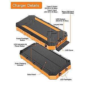 Solar-Power-Bank-Portable-Charger-42800mAh Solar Phone Charger with 4 USB Ports/LED Flashlight Fast Charge USB C External Backup Battery Pack Compatible with iPhone Tablet, for Outdoor, Camping