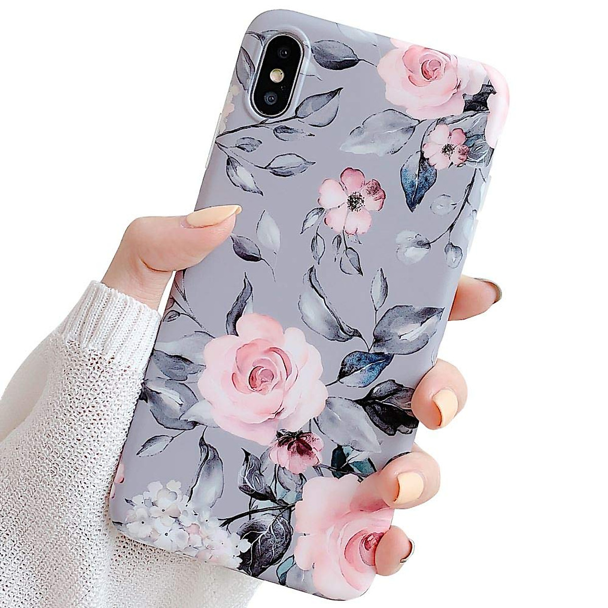 YeLoveHaw for iPhone Xs Case for Girls, Flexible Soft Slim Fit Full Protective Cute Shell Phone Case Cover with Purple Floral and Gray Leaves Pattern for iPhone X/XS 5.8 Inch (Pink Flowers)