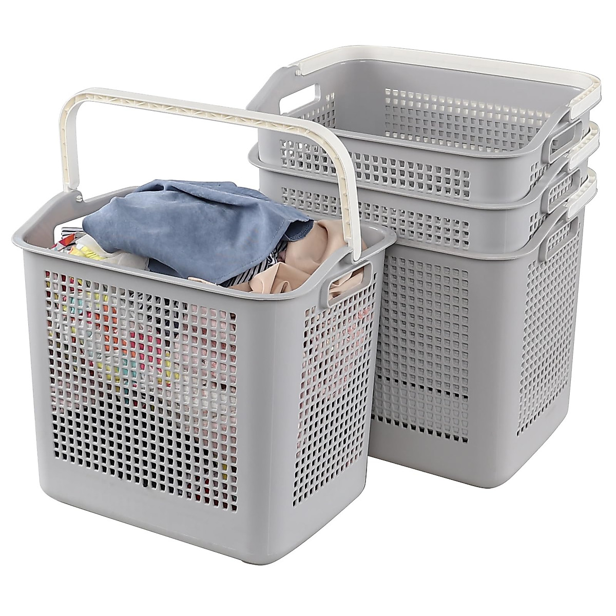 Xeabia 42 L Plastic Dirty Clothes Hampers with Handles, Large Plastic Laundry Baskets, Gray, 4 Packs