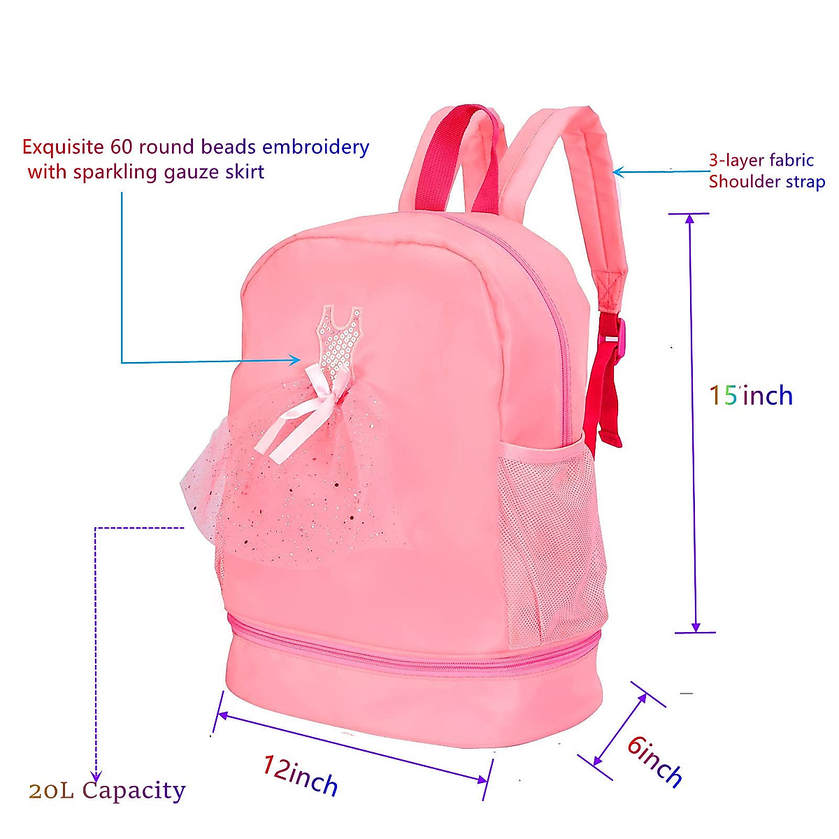 WUHBJJXY,20L, PREMIUM, MULTIFUNCTIONAL,DURABLE,Large Sized PINK KID Dance bag with Shoe Compartment and Wet and Dry separation features,Ballet bag,Dance backpack