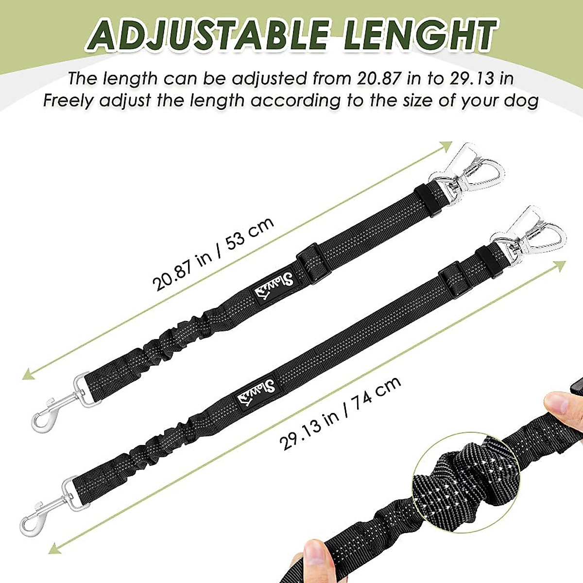 SlowTon Dog Seatbelt, 2 Pack Dog Seat Belt Car Leash Adjustable Elastic Bungee Buffer Heavy Duty Nylon Reflective Pet Safety Tether Connect to Dog Harness for Travel Riding in Vehicle (Daul Clip, B)