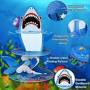 3 Tier Shark Party Cupcake Stand Decorations Under The Sea Shark Theme Cupcake Holder Ocean Animal Shark Dessert Tower for Kids Shark Sea Theme Party Baby Shower Fishing Birthday Party Favor Supplies