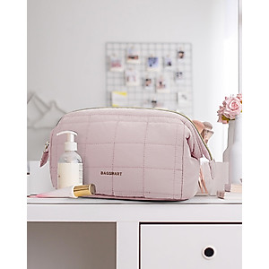 BAGSMART Makeup Bag Travel Cosmetic Bag, Puffy Padded Make Up Bags for Women Makeup Organizer Case, Wide-open Pouch Purse Travel Essentials Toiletries Accessories Brushes, Pink