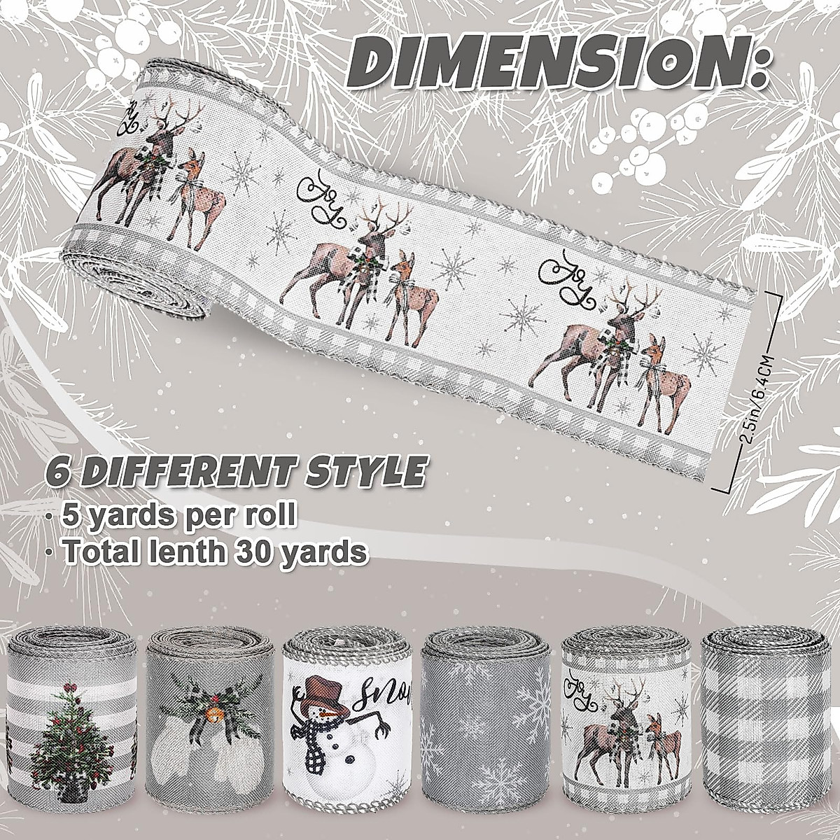 AnyDesign 6 Roll Christmas Wired Ribbon Farmhouse Rustic Craft Ribbon Grey Buffalo Plaid Snowman Snowflake Reindeer Xmas Tree Eucalyptus Gift Ribbon for Xmas Crafts Bow Wreath Gift Wrapping, 30 Yards