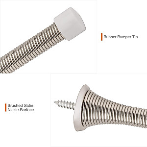 KOVOSCH 2 Pack Spring Door Stopper Brushed Satin Nickel- 3-1/4" Flexible Spring Door Stops with White Rubber Bumper Tips