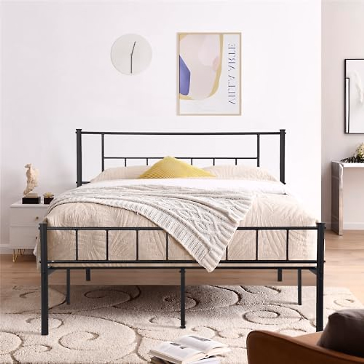 PayLessHere 14 Inch High Metal Platform Bed Frame with Headboard Maximum Storage Space Under The Heavy Duty Bed Frame No Box Spring Needed Noise-Free Easy Assembly,Queen