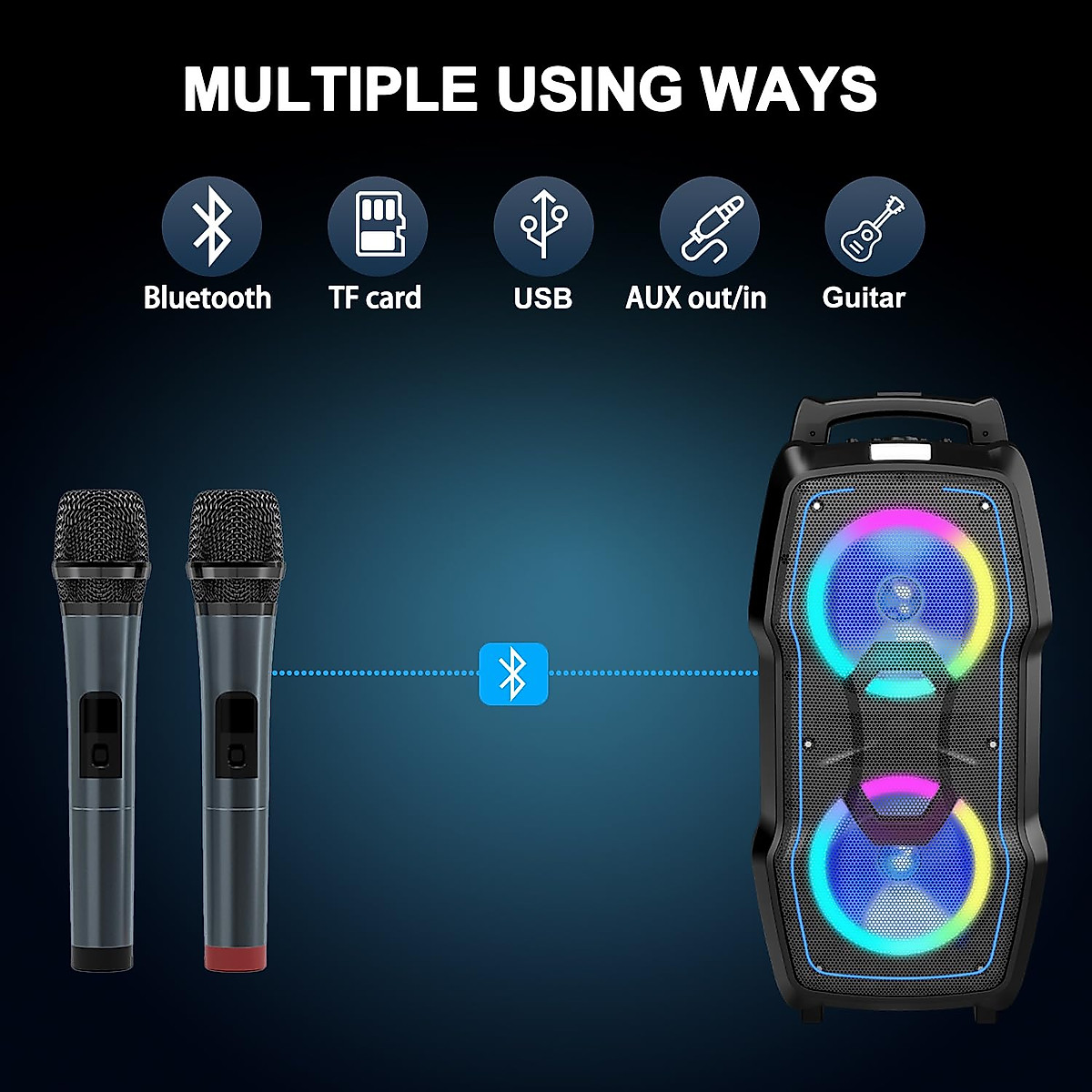 VeGue Karaoke Machine, Wireless Bluetooth PA System for Adults & Kids with Dual 8'' Subwoofers, 2 UHF Wireless Mics, Colorful LED Lights, Ideal for Home Karaoke, Party, Stage Performance (VS-0808)