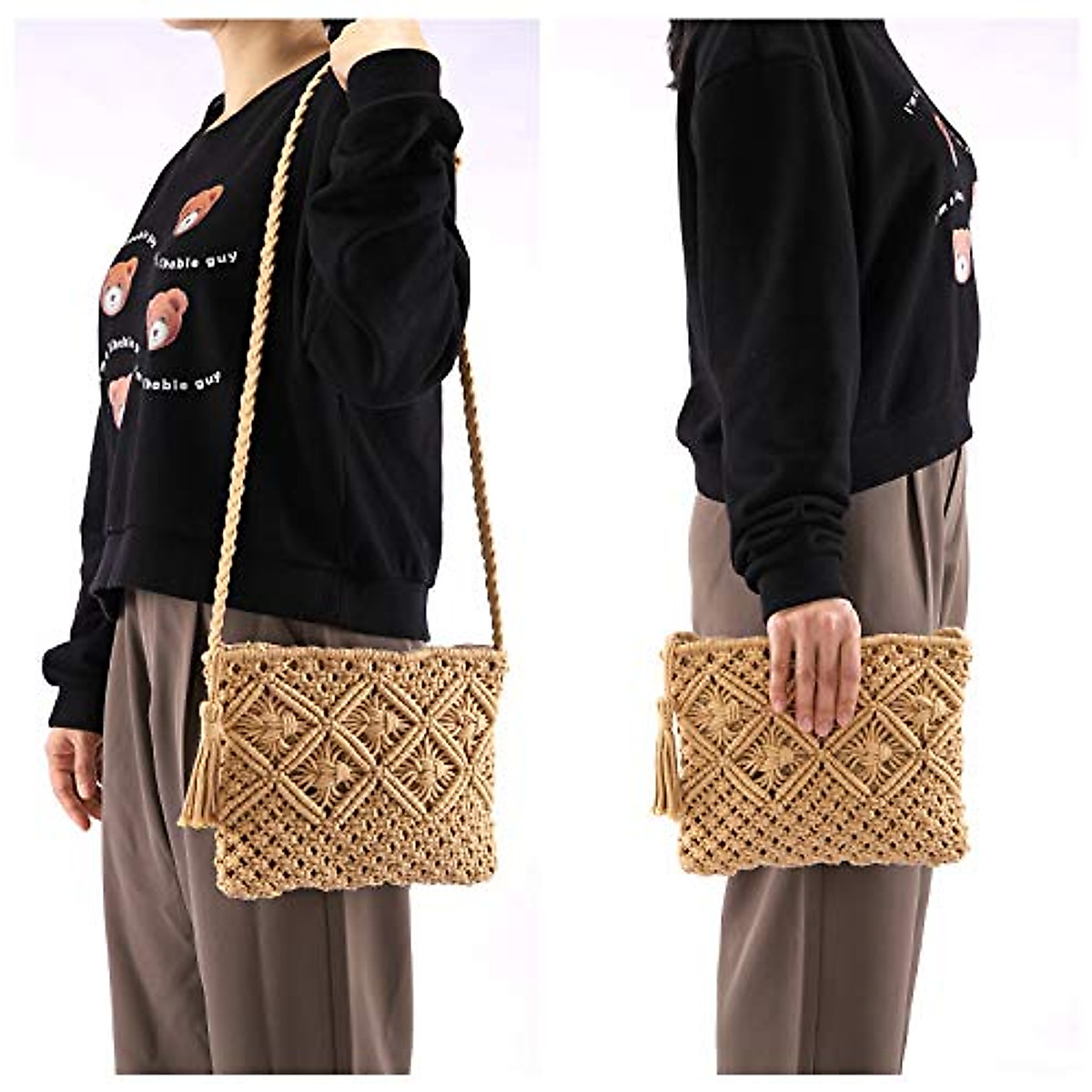 Ayliss Women's Handwoven Crossbody Handbag Summer Beach Shoulder Handbag Cotton Crochet Woven Handmade Purse Bag Tassel (Khaki)