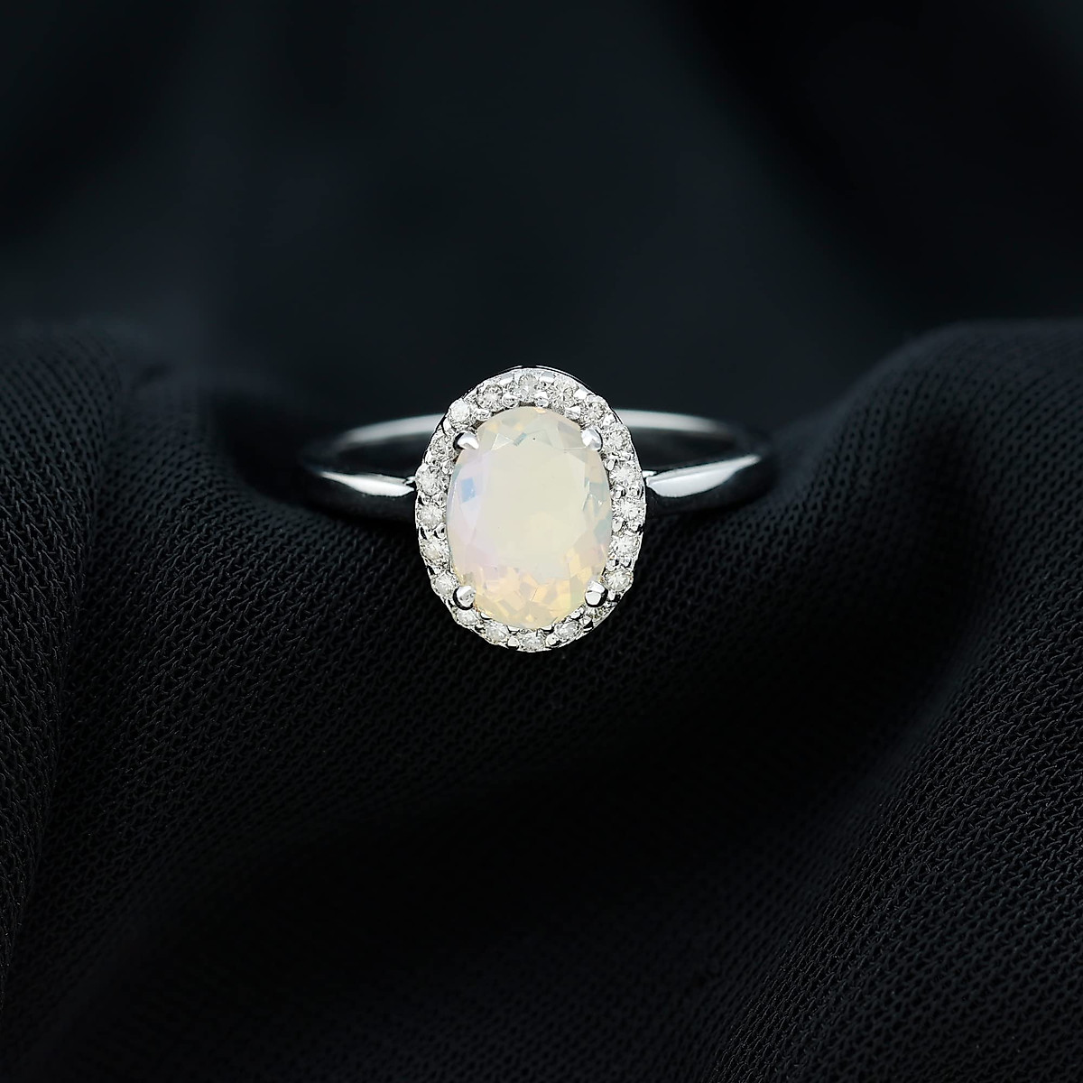 Rosec Jewels Natural Ethiopian Opal Halo Engagement Ring with HI-SI Diamond | 1.50 Cttw | AAA Quality, 14K White Gold, Size:US 4.50