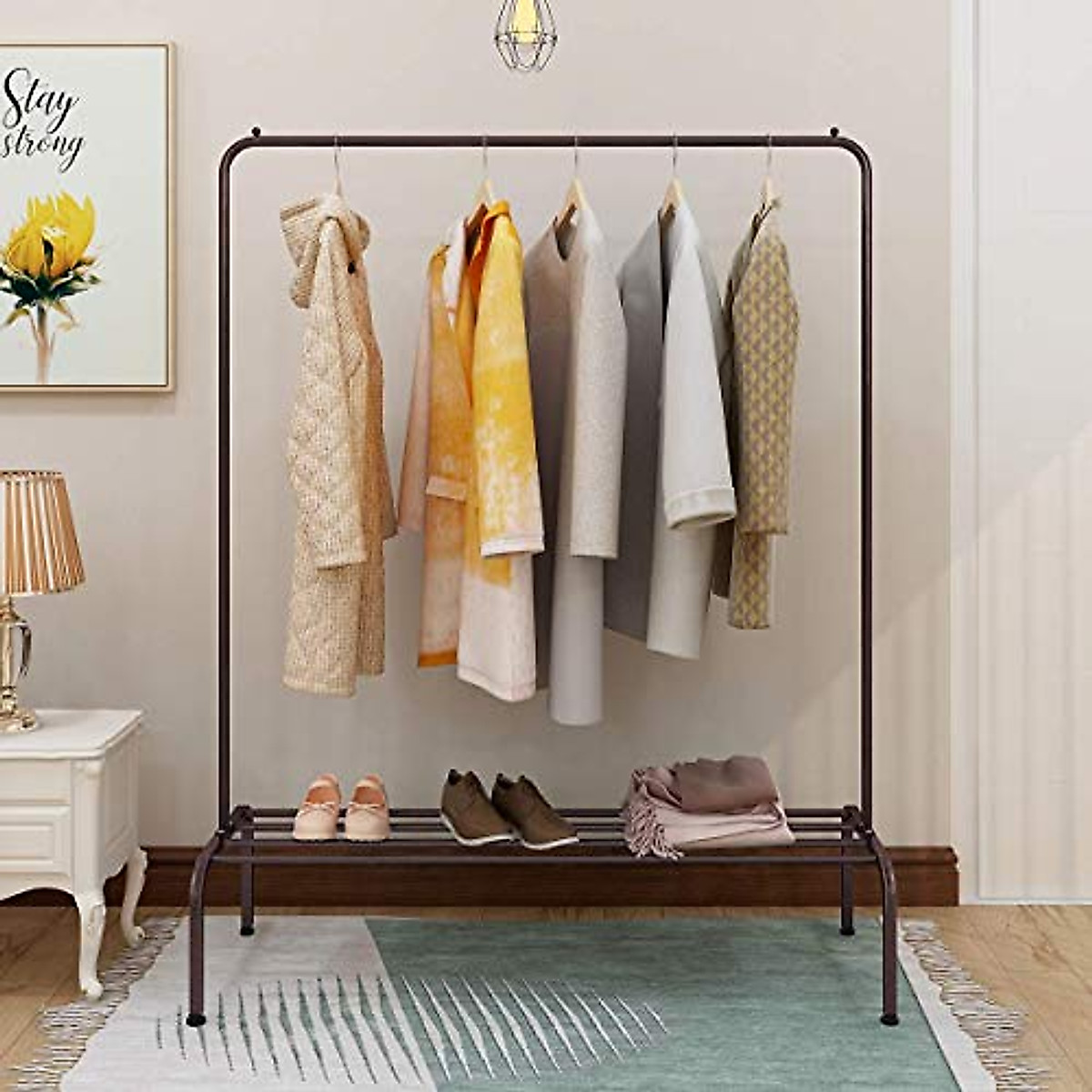 BOFENG Metal Garment Rack Heavy Duty Clothes Stand Rack With Top Rod and Lower Storage Shelf Industrial Clothes Rack for Indoor Bedroom (Brown)