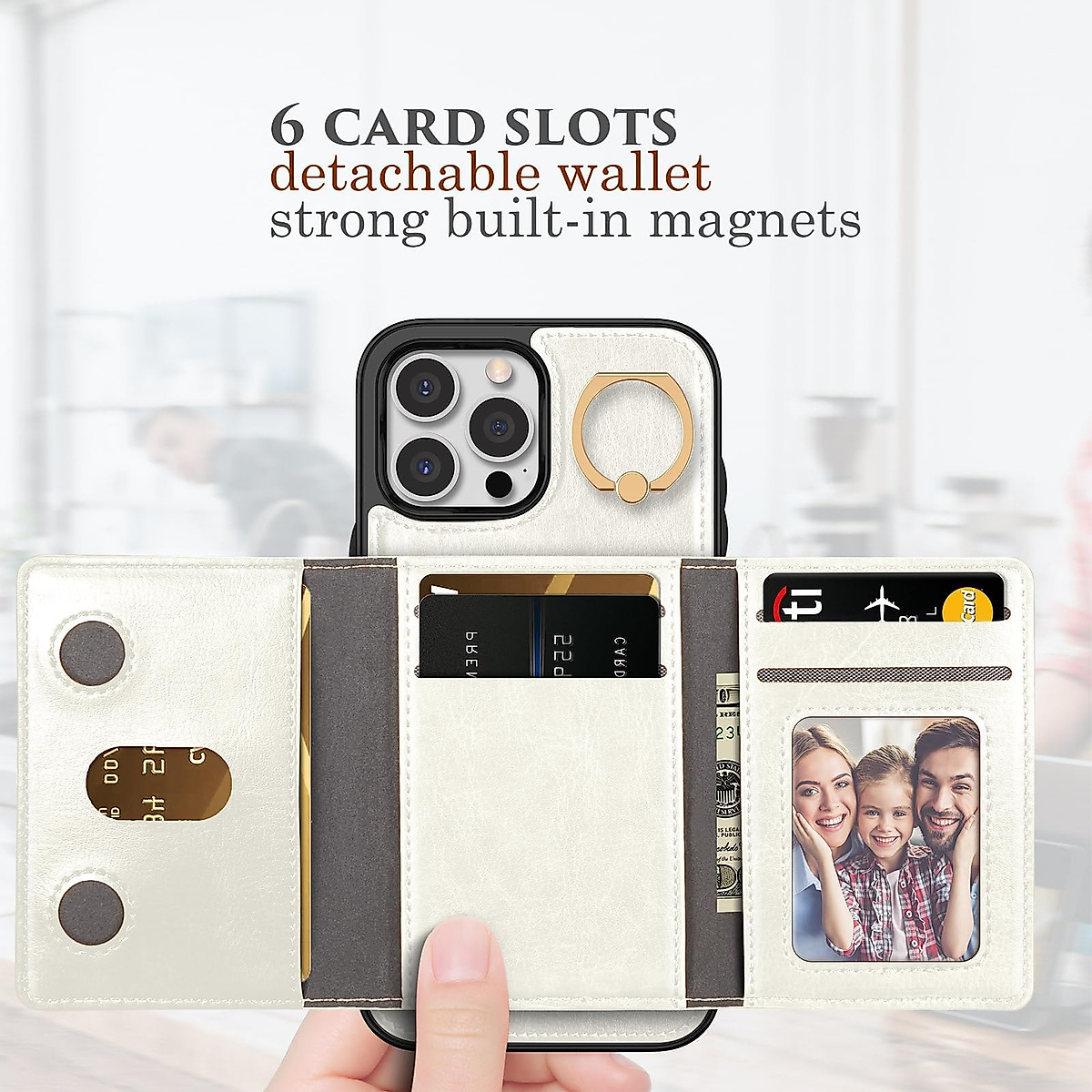 LOHASIC for iPhone 15 Pro Max Wallet Case, 6 Card Holder, Detachable Magnetic Back, Compatible with Mag-Safe, Ring Stand, PU Leather Credit Slot ProMax Phone Cover to Women, 6.7 Inch - White