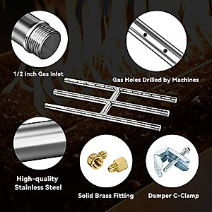 Skyflame 12" x 6" Rectangular Gas Fire Pit and Fireplace H-Burner with 3 Pipes - 304 Stainless Steel - for Indoor & Outdoor Use