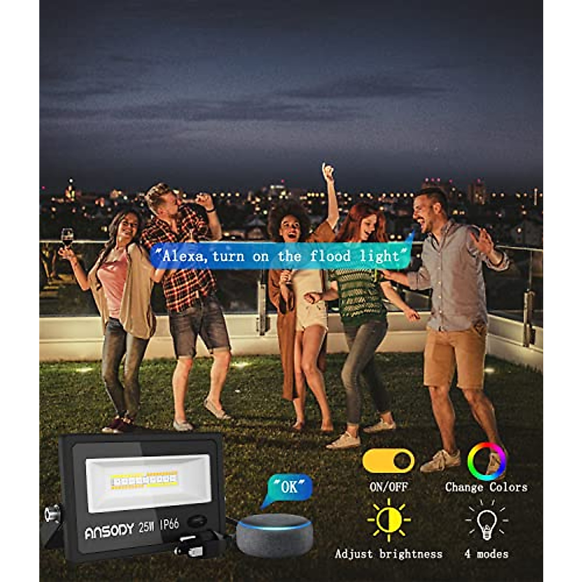 Smart Outdoor LED Flood Light,RGBW Landscape Light Stage Light Controled by APP/Alexa/Google Home,5000K 200W Equivalent IP66 Waterproof Timing Dimmable,Suit for Garden Party Halloween,2 Pack