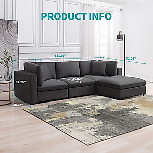 BALUS Modern Convertible Sectional Sofa,3 Seat Sofa+1 Chaise, L Shaped Corner Sleeper Sofa Couch,Modular Sectional Couches with Wood Legs for Living Room, Dark Grey