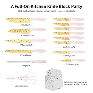 Kitchen Knife Set Non Stick Knives Set with Block Cutlery Knife Block Sets, Serrated Steak Knife, Scissors and Sharpener, 15Pcs Stainless Steel Chef Sharp Quality with Gold Blade for Home & Pro Use