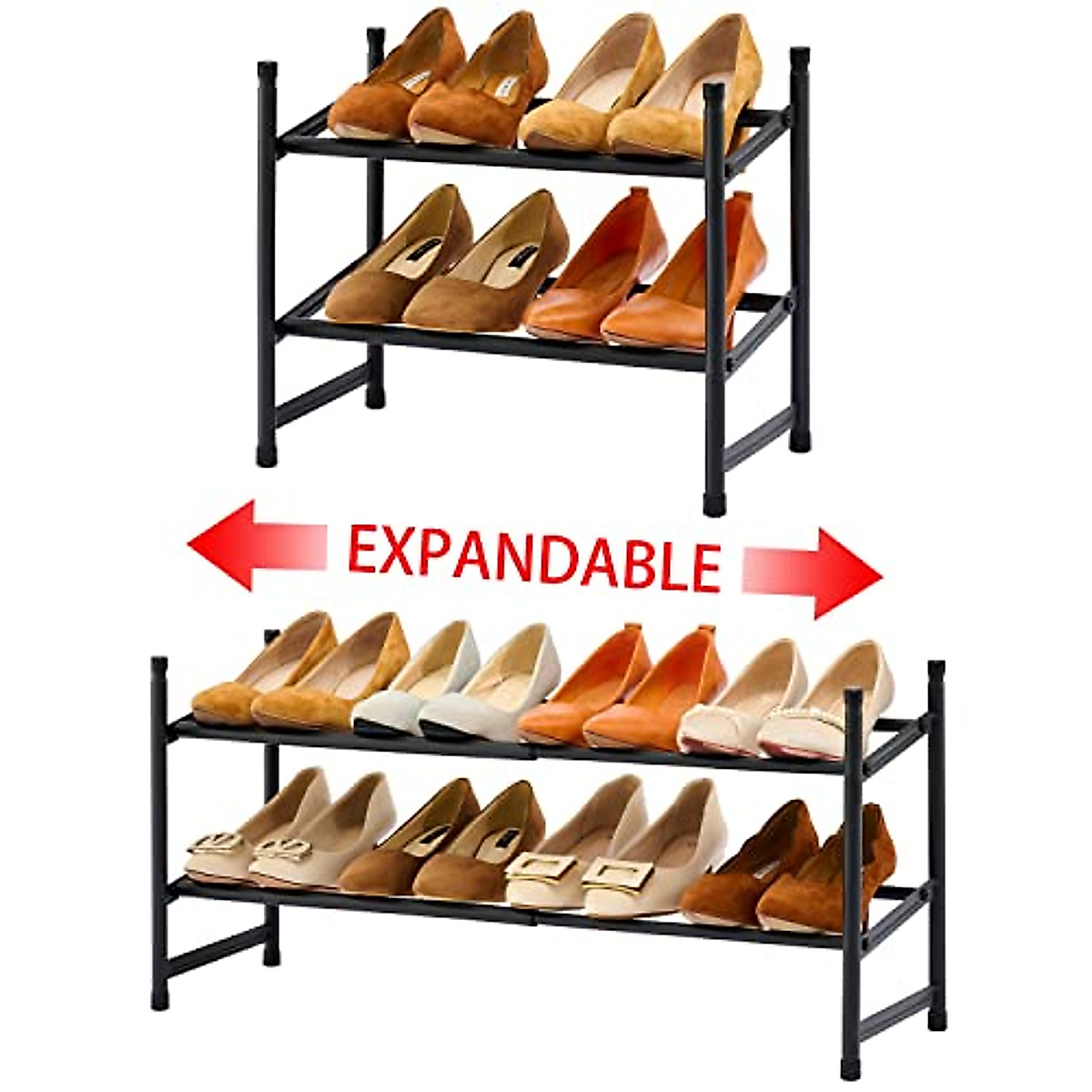 Tajsoon 2-Tier Stackable Shoe Rack Organizer, Expandable & Adjustable Metal Iron Shoes Storage for Entryway Doorway, Black