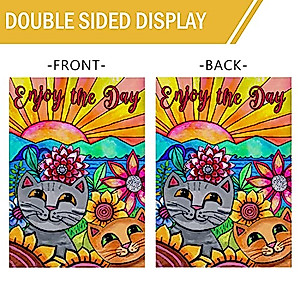 Furiaz Enjoy the Day Cats Sunflower Spring Summer Small Decorative Garden Flag, Sunshine Kitty Yard Abstract Sunrise Dahlia Flower Home Outside Decoration, Funny Outdoor Decor Double Sided 12x18