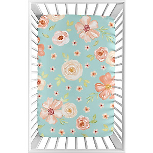 Sweet Jojo Designs Turquoise and Peach Baby Girl Fitted Mini Portable Crib Sheet for Watercolor Floral Collection - Pink Rose Flower - for Mini Crib or Pack and Play ONLY