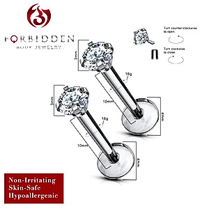 Forbidden Body Jewelry 16 g Titanium Internally Threaded Tragus Piercing CZ Top Flat Back Piercing Nose Studs Earring, Helix, Cartilage, Labret, Monroe for Women or Men (10mm/3mm X2)…