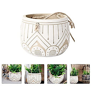 Yardwe 1pc Geometric Line Flowerpot Succulent Hanging Planter Ceramic Planter Suspension Plant Container Flower Pot Vase Planter Pots for Indoor Plants Flower Bed Bonsai Cement White