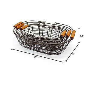 CVHOMEDECO. Oval Metal Wire Storage Baskets Rustic Egg Baskets with Wooden Handles Farmhouse Gathering Baskets. Rusty, Set of 3