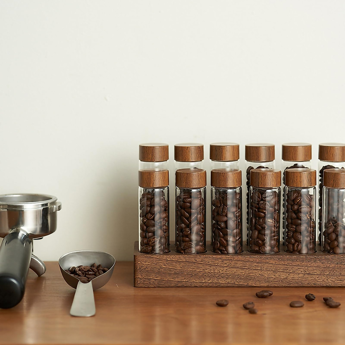 TREELF Coffee Bean Storage,Coffee Storage Container with Walnut Solid Wood Base,Coffee Bean Container,12 Tubes Single Dose with Wooden Holder(Type 2)