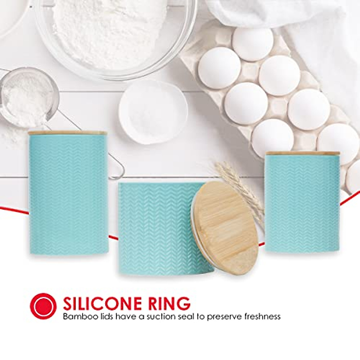 Home Basics Wave 3 Piece Ceramic Canister Set With Bamboo Tops, Turquoise