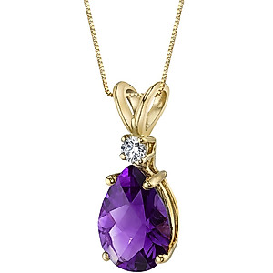 PEORA Solid 14K Yellow Gold Amethyst with Diamond Pendant for Women, Genuine Gemstone Teardrop Solitaire, 1.60 Carats total, Pear Shape, 10x7mm