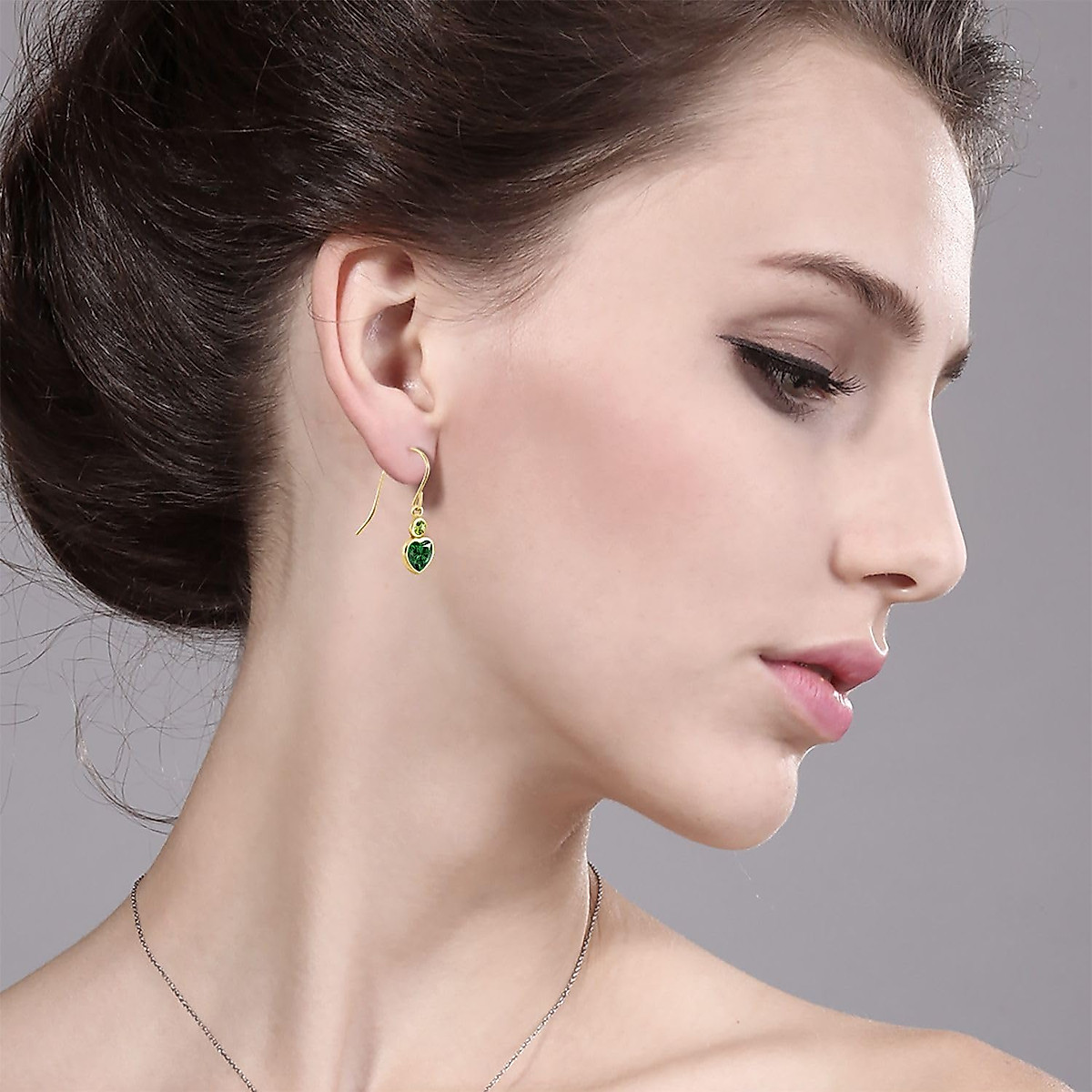 Gem Stone King 14K Yellow Gold Green Nano Emerald and Green Peridot Drop French Wire Earrings For Women (1.10 Cttw, Gemstone May Birthstone, Heart Shape 5MM, Round 3MM)