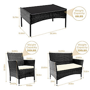 TINKLE WELL Outdoor Patio Furniture Sets, 4 Pieces Rattan Chairs Wicker Conversation Set with Tempered Glass Table, Cushion, for Yard, Garden, Poolside, Porch, Bistro, Balcony