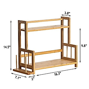 SHUOXIANG Kitchen Spice Racks, Bamboo Countertop Storage Organizer Jars Bottle Sauce Seasoning Rack Holder, 2 Tier Standing Step Shelf, Includes Knife, Cutlery, Chopping Board Storage, plus 2 Hooks