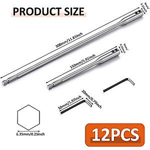 Drill Bit Extension 6, 12 Inch Drill Bit Set Wood Spade Bit Set High Carbon Steel Drill Bit Extender Drill Extension Bit Holder with Wrench Key for Wood Turners Construction Accessories (12)