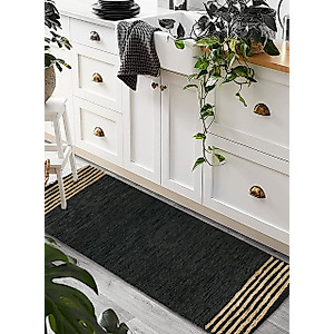GRUHUM Jute Runner Rug 2'6"x 8' ft Natural Fibre Black Rectangular Jute Area Rug Leather Handwoven Boho Farmhouse Braided Rustic Vintage Eco Friendly Rug Kitchen Livingroom Bedroom Hallways Enterways