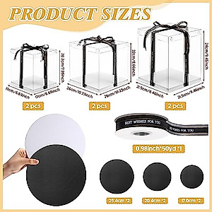 6 Sets Clear Cake Box with Cake Boards Ribbons, 10 Inch 8 Inch 7 Inch Multiple Sizes Transparent Cake Containers Pack Baking Box for Wedding Birthday Anniversary Portable Tall Layer Bakery Box (Black)