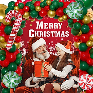 Christmas Decorations, Christmas Party Decorations-Christmas Balloon Arch Garland Kit with Green Red Candy Cane Balloons, Merry Christmas Backdrop Banner Tablecloths for XMAS Decorations Supplies