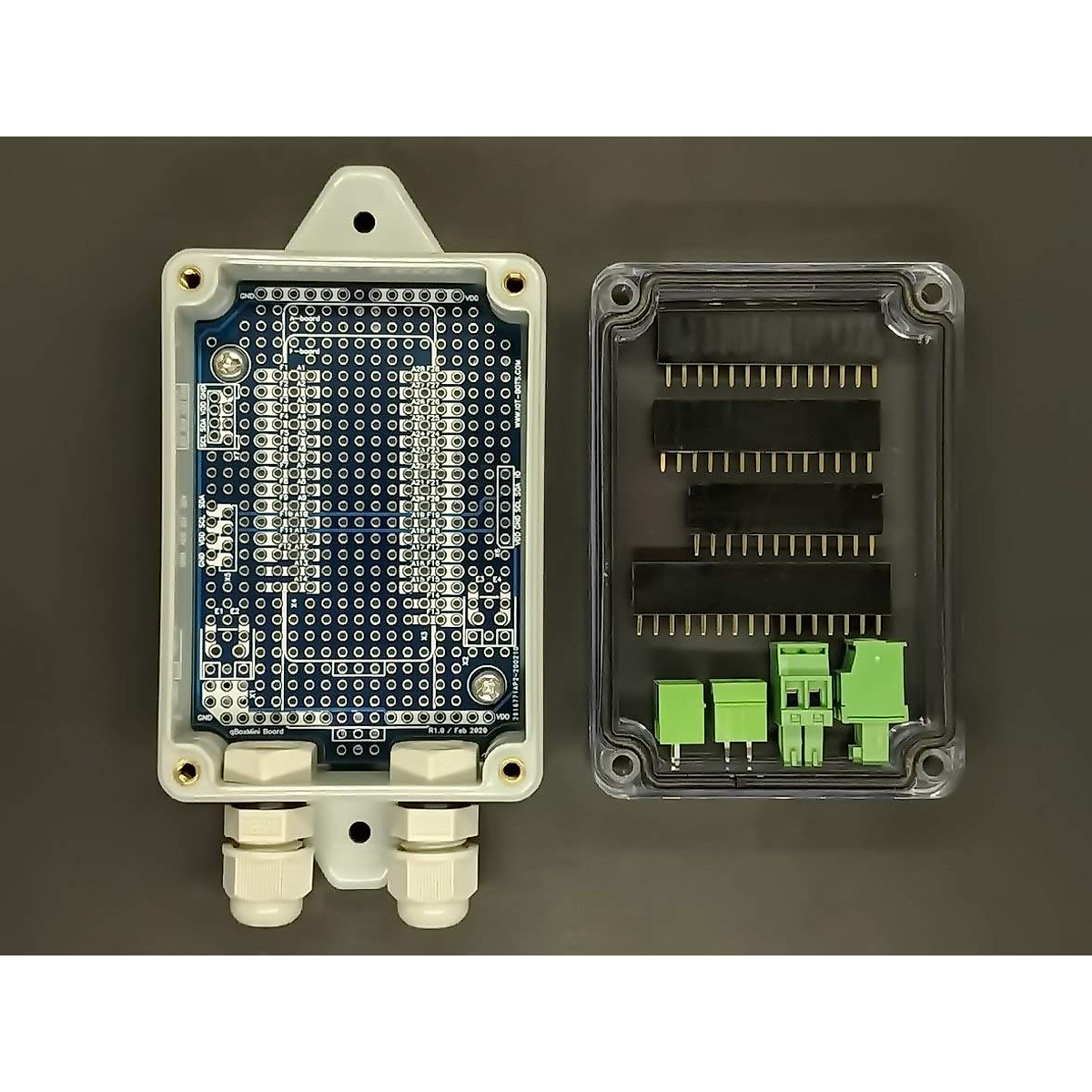 qBoxMini DIY IOT Enclosure Plus Kit (No SMA), IOT Enclosure for Arduino MKR Feather ESP32 Cellular LoRa WiFi Board, Waterproof IP65 Enclosure with Glands, prototyping PCB and connectors Set