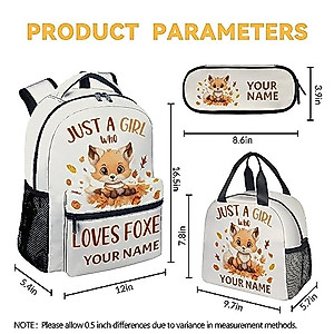 FUZZYFIT Personalized Fox Backpack with Lunch Box Set for Kids, 3 in 1 School Backpacks Matching Combo, Custom Cute Light Orange Bookbag and Pencil Case Bundle