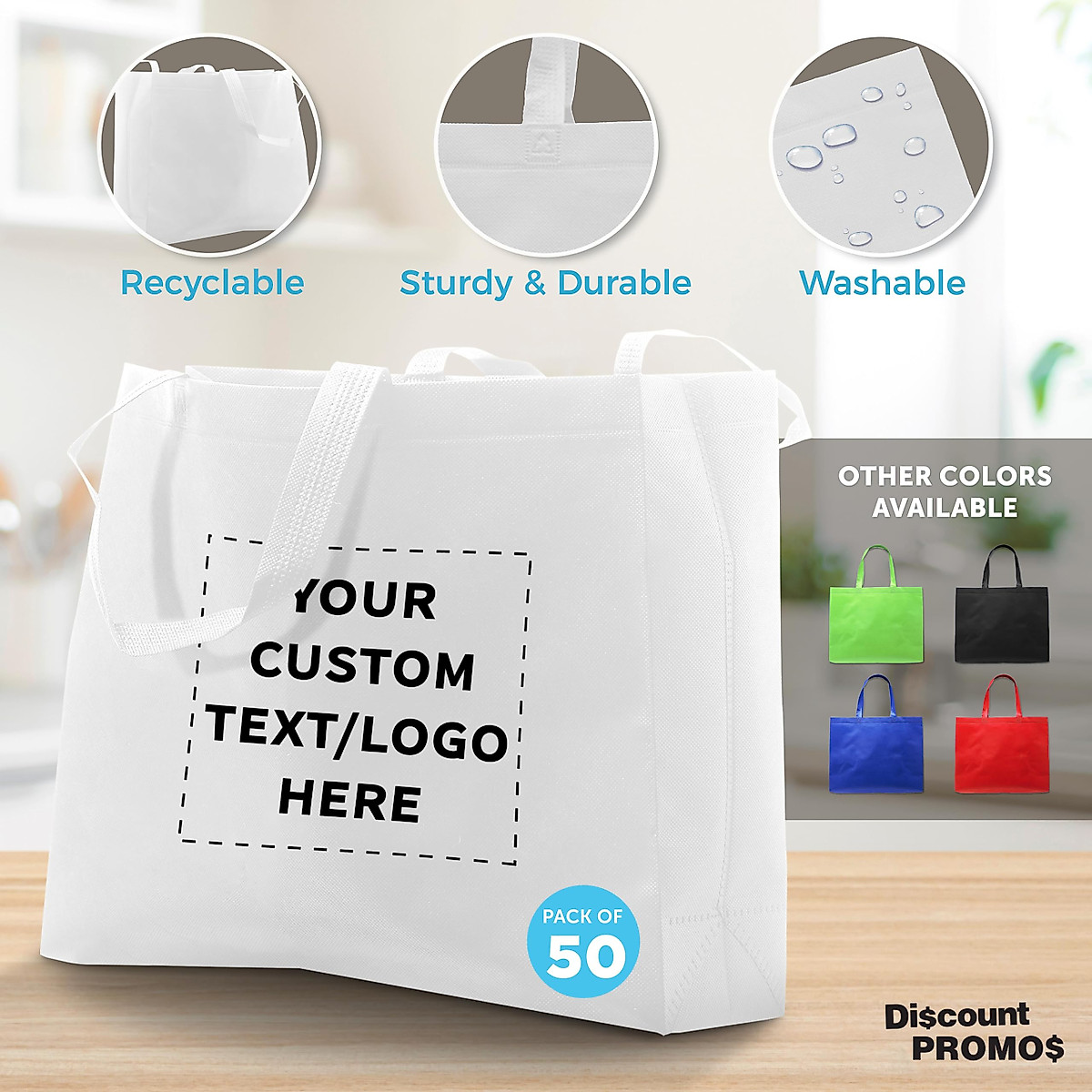 DISCOUNT PROMOS Custom Jumbo Sized Tote Bags Set of 50, Personalized Bulk Pack - Reusable Grocery Bags, Shopping Bags, Promotional Item Totes for Women - White
