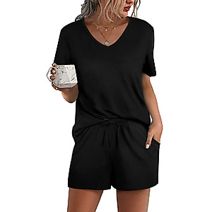 Aloodor Pajama Set for Women 2 Piece Short Sleeve V Neck Pjs Lounge Sets Sleepwear Soft Black L