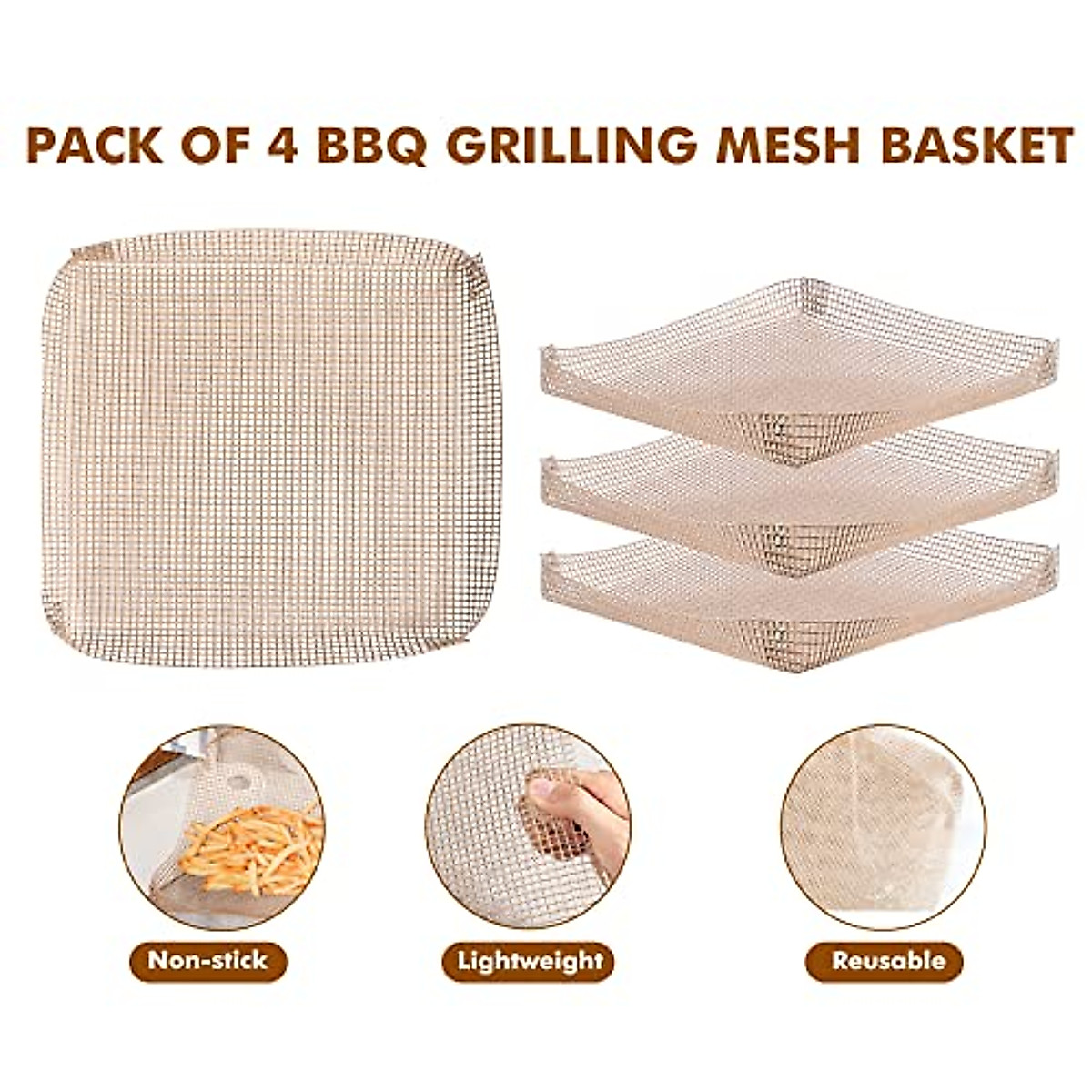 Kamehame Grill Mesh Basket, Pack of 4 Non-Stick Meat Vegetable Grill Tray for Grilling and Baking, Oven Crisper Basket for Crisp up Pizza, Fries, Chips